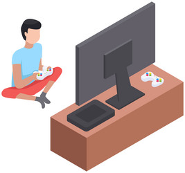 Gamer playing video game with tv screen holding Vector Image