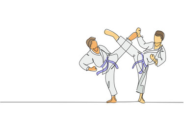 One Single Line Drawing Of Young Sporty Karateka Vector Image