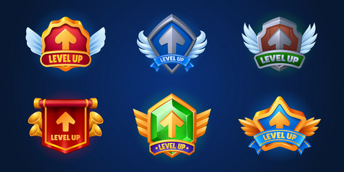 Game interface level up badges with wings crystal Vector Image