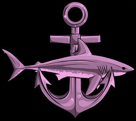 White silhouette of shark around anchor on black Vector Image