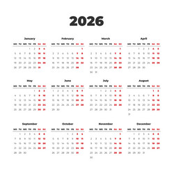 Simple calendar on 2026 start from monday Vector Image