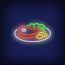 Frying beef steak on pan neon sign Royalty Free Vector Image