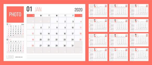 Calendar for 2020 starts monday Royalty Free Vector Image