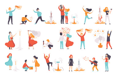 People characters launching and watching explosion