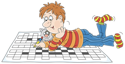 Funny guy solving a big crossword puzzle Vector Image