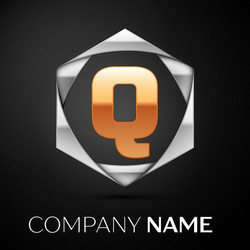 Gold letter q logo in the golden-silver hexagonal Vector Image