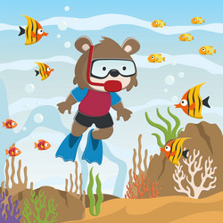 Cartoon of little fox and shark diving Royalty Free Vector