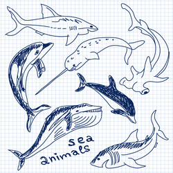 Sea animals simple drawing Royalty Free Vector Image