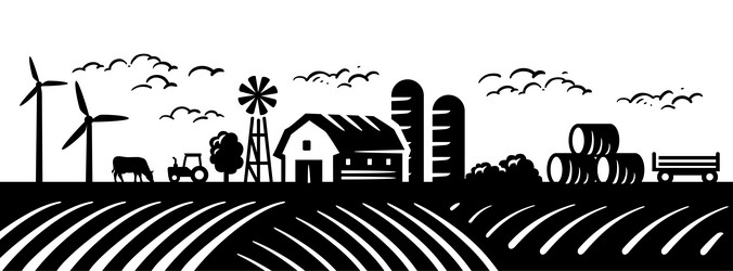 Farm and field black retro rural Royalty Free Vector Image