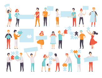 People characters holding jigsaw puzzle connecting