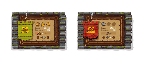 Win and lose ui game wooden screen design Vector Image