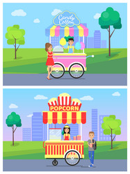 Popcorn vendor with wheel and bell Royalty Free Vector Image