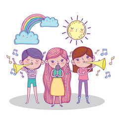 Cute little girl playing trumpet in the landscape Vector Image