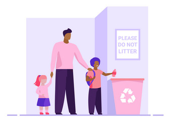 Dad with kids throwing litter in recycling bin Vector Image