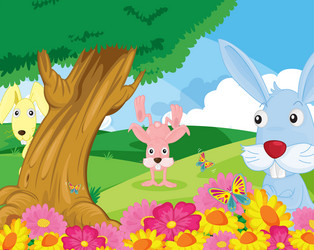 Boy are playing with three rabbits Royalty Free Vector Image