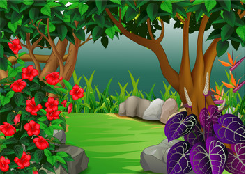 Cool forest view with trees rock and flower Vector Image
