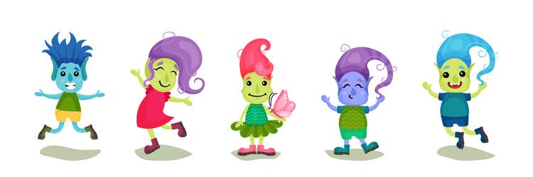 Cute troll characters with different skin and hair