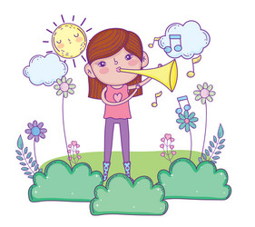 Cute little girl playing trumpet in the landscape Vector Image