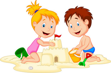 Children playing sand castle and surfboard Vector Image