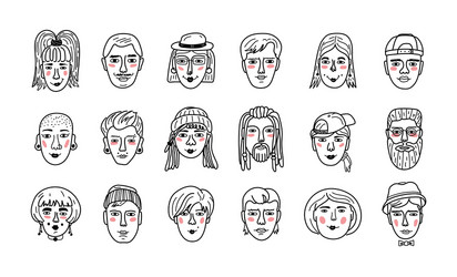 Big set of gilrls avatars doodle style portraits Vector Image
