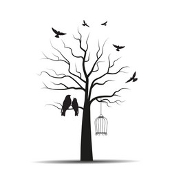 Branch with a cage and birds Royalty Free Vector Image