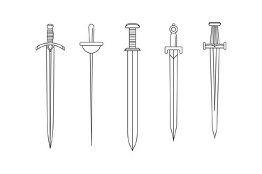 Medieval long swords drawn art line style set Vector Image