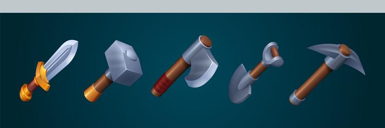 Axe sword pick hammer and shovel game icons Vector Image