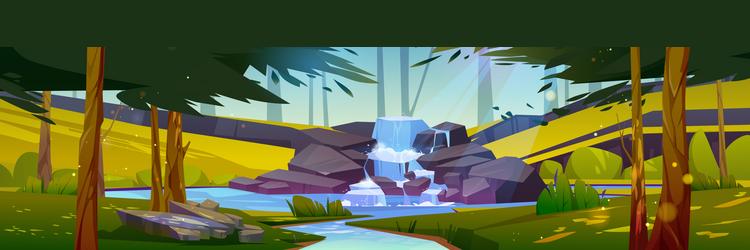Waterfall in summer forest cartoon 2d landscape Vector Image