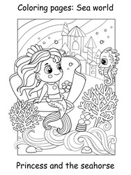Coloring book page cute mermaid swims Royalty Free Vector