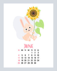 June 2023 calendar cute bunny with sunflower Vector Image