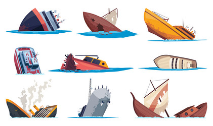 Broken ship damaged sailor boats swim accident Vector Image