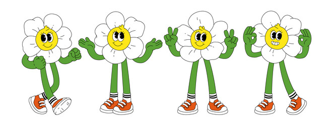 Flower retro funky cartoon characters comic Vector Image
