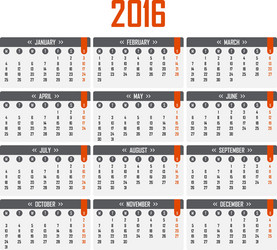 Simple calendar 2016 week starts on monday Vector Image