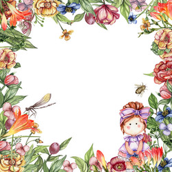 Watercolor square flower frame in cartoon style Vector Image