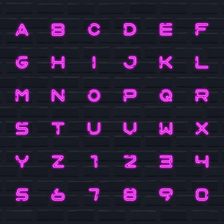 Neon alphabet retro letters on brick wall Vector Image