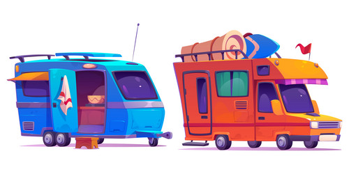 Camper van front and back view with baggage Vector Image