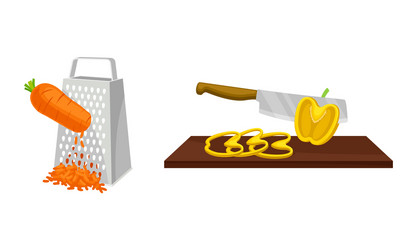 Grater and cutting board with knife chopping Vector Image