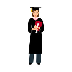 Female graduate looking at prize on pedestal Vector Image