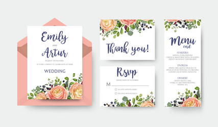 Wedding cards floral design rsvp menu cards set Vector Image