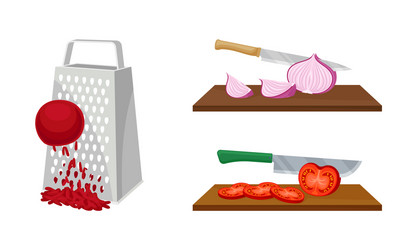 Grater and cutting board with knife chopping Vector Image