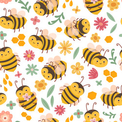 Cute seamless pattern with bees and flowers Vector Image