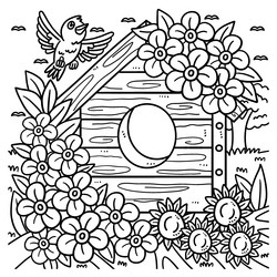 Spring bird house isolated coloring page for kids Vector Image