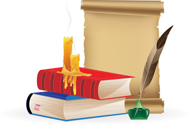 Cartoon pencil man writing in book Royalty Free Vector Image