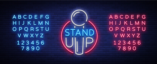 Stand up logo in neon style comedy show Royalty Free Vector