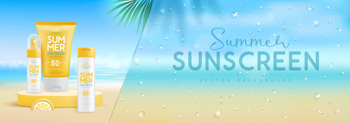 Summer background with 3d podium and sunscreen Vector Image