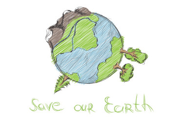 Green tree root world map with earth house concept