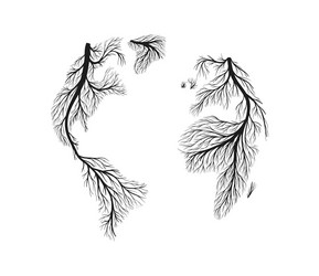 Green tree root world map with earth house concept
