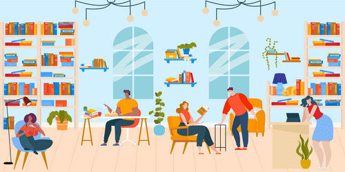 Library book shelf literature books cartoon Vector Image