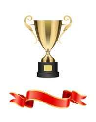 Gold trophy cup with red ribbon decoration Vector Image
