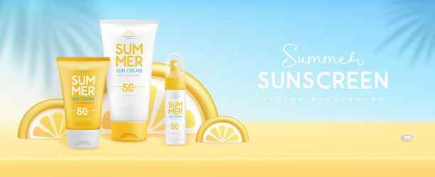 Summer background with 3d set of sunscreens Vector Image